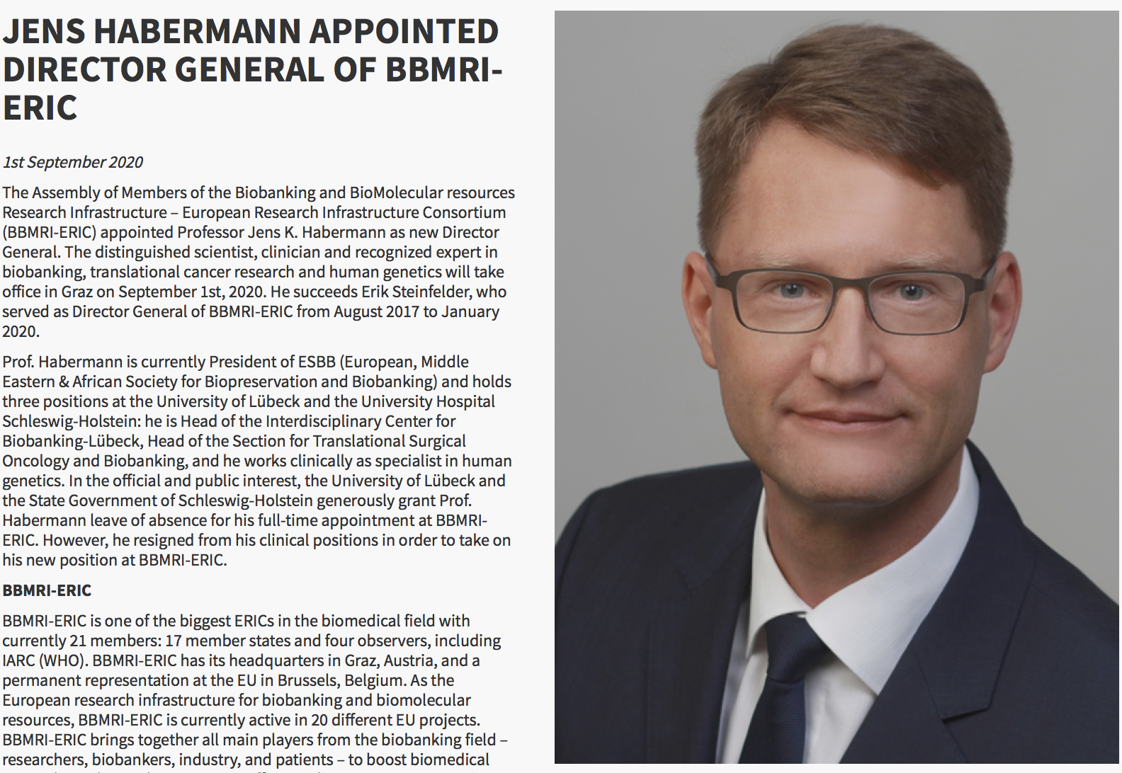 Press release: Jens Habermann appointed Director General of BBMRI-ERIC
